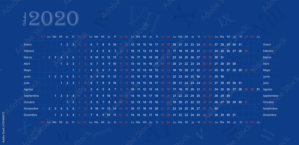 2020 wall calendar in spanish on deep blue background with Roman ...
