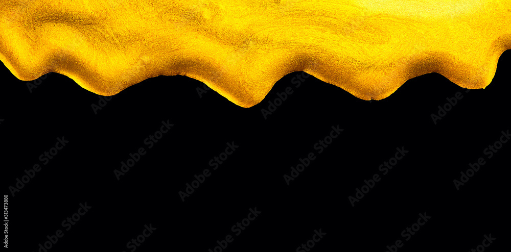 Golden dripping liquid paint texture, isolated on black background ...