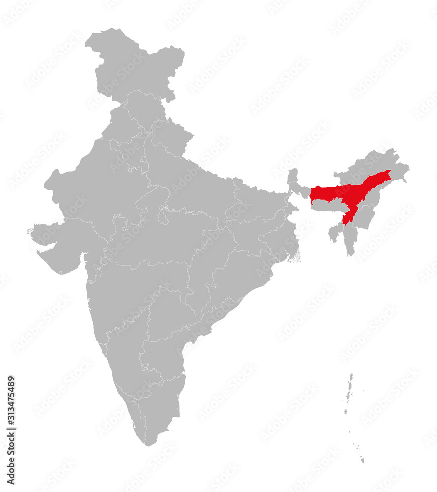 Assam state map highlighted on indian map. Light gray background ...