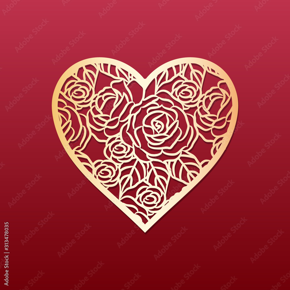Laser cut heart with pattern of roses. Template for cutting, interior ...