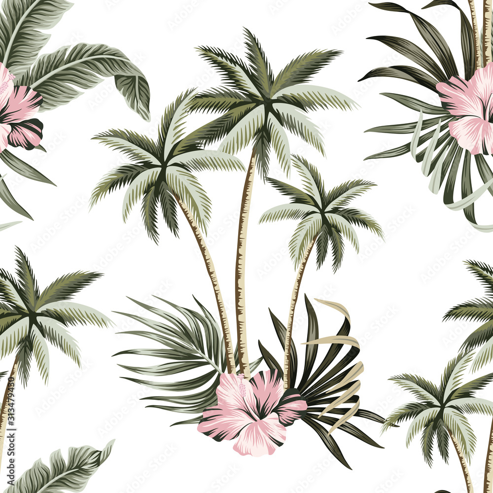 Tropical Vintage Hibiscus Flower Palm Tree Palm Leaves Floral