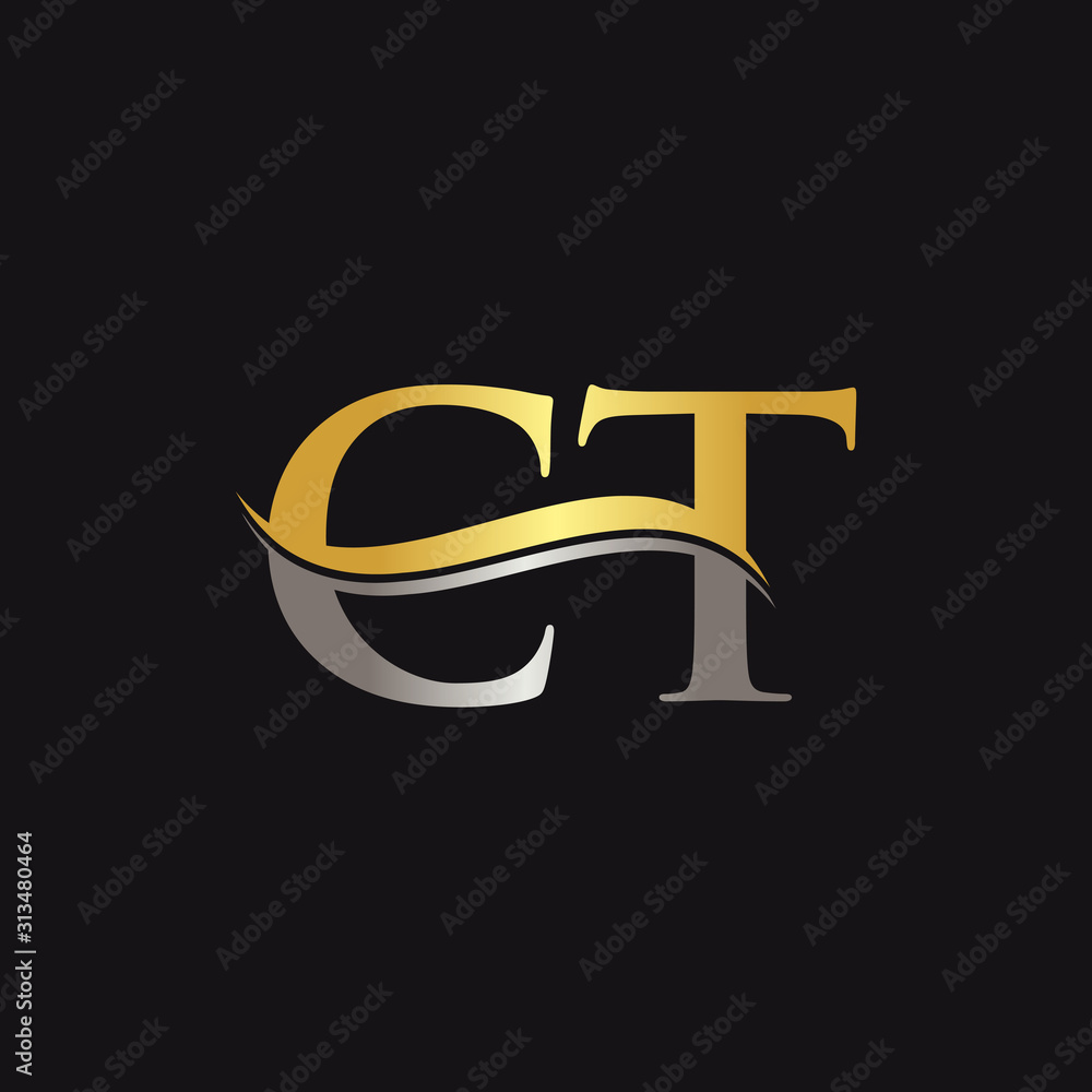 Initial Gold And Silver letter CT Logo Design with black Background. CT ...