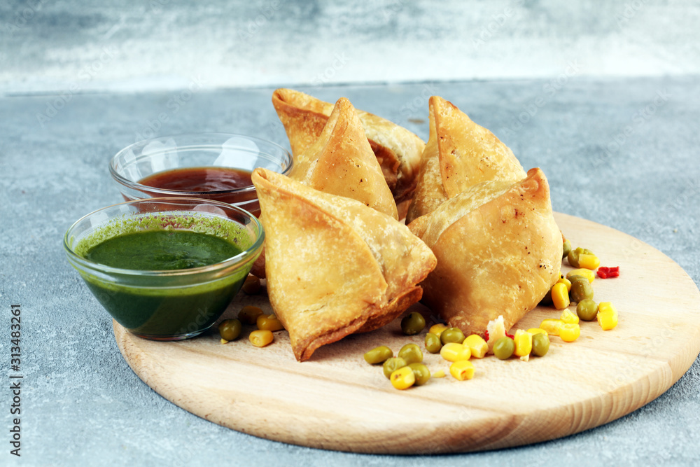Vegetarian samsa or samosas.Indian special traditional street food ...