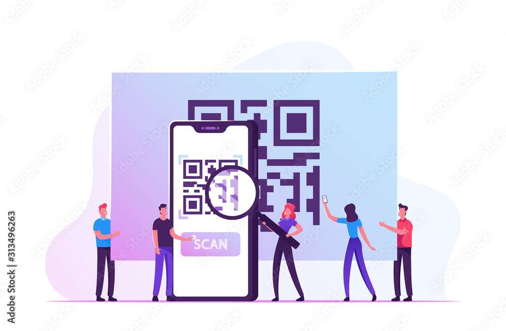Tiny Male and Female Characters Stand at Huge Smartphone Looking at Qr ...