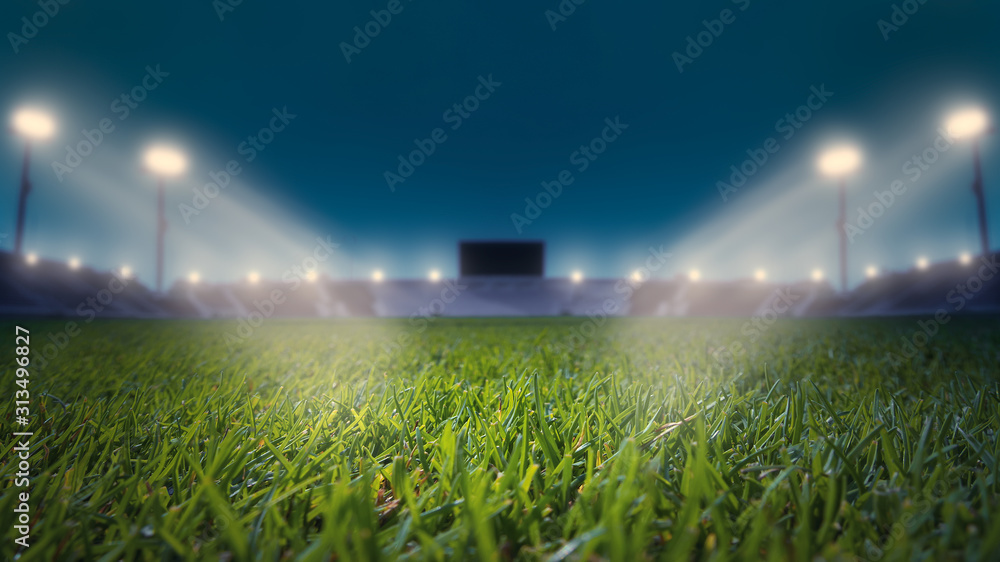 Soccer Stadium with Green Grass Field with Bright Floodlight Background ...
