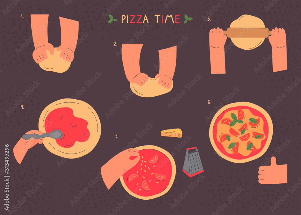 Hands knead dough and making pizza,line drawing isolated symbols for ...