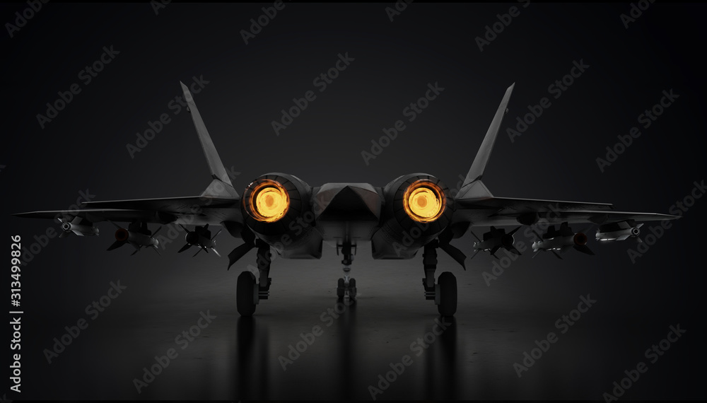 Su-57 Sukhoi fighter stealth jet engine running view from back 3d ...