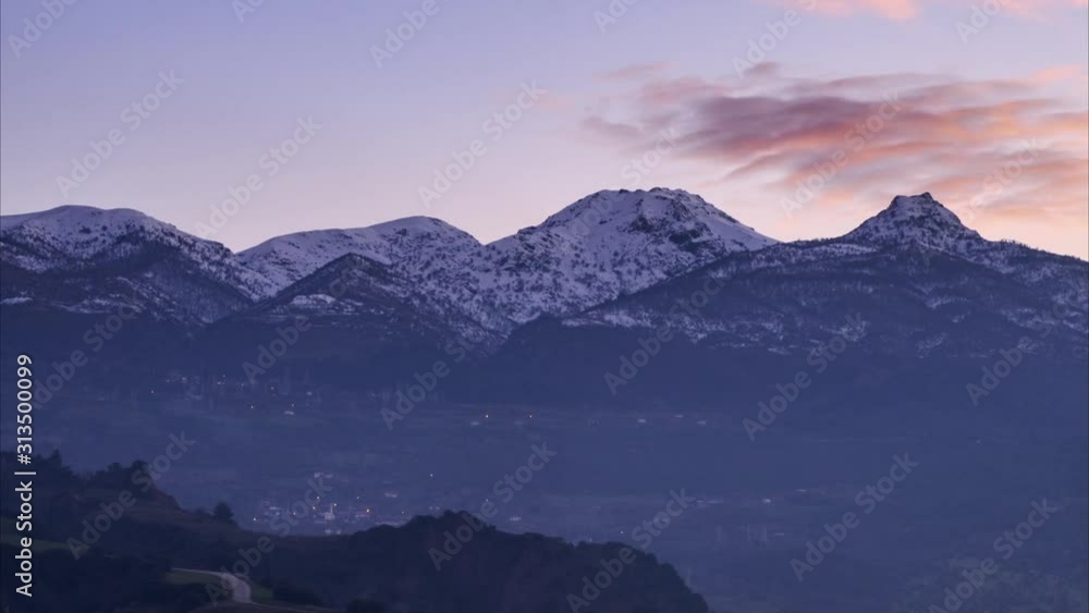 Zoom in panning time lapse footage of snowy mountain peaks beyond a ...