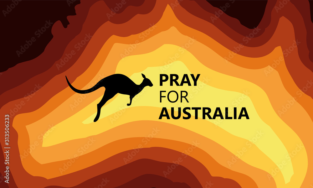Australia fire. Social poster about climte cataclysm. Kangaroo runs ...