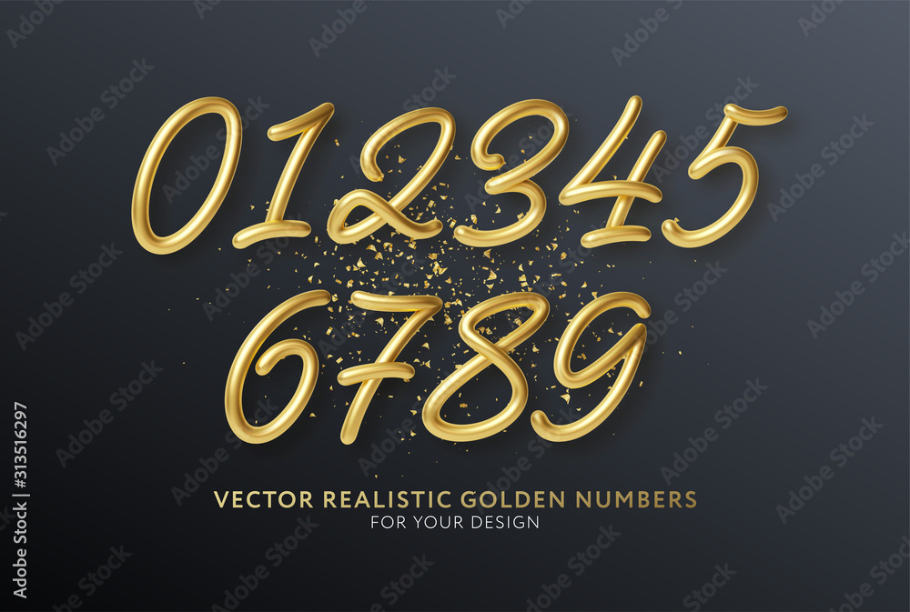 Realistic 3d lettering numbers isolated on black background. Golden ...