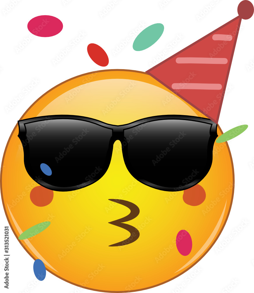 Cool party emoji celebrating birthday! Yellow face emoticon wearing ...