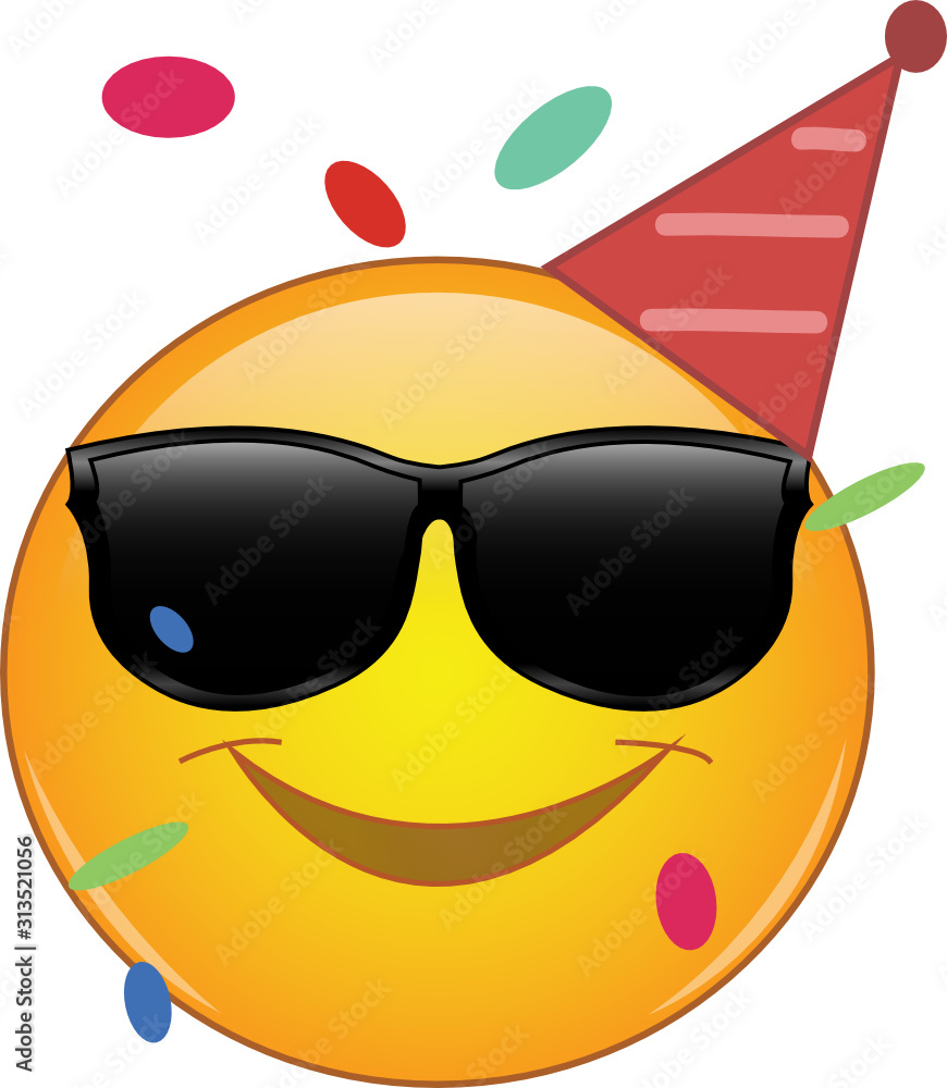 Cool emoji wearing a party hut, sunglasses and confetti flying around ...