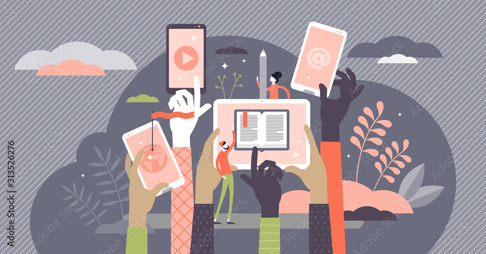 Online course vector illustration. Internet learning in tiny person ...