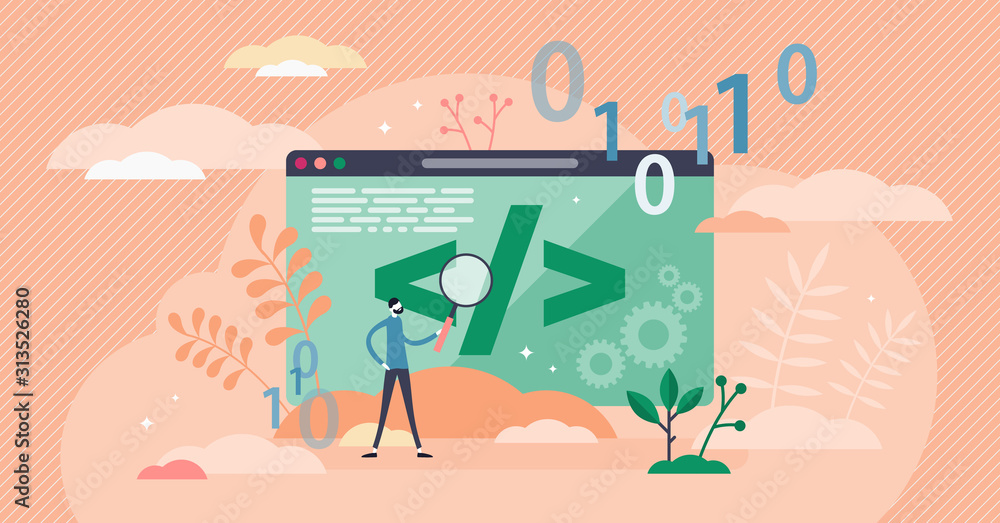 Learn coding vector illustration. IT education in flat tiny person ...