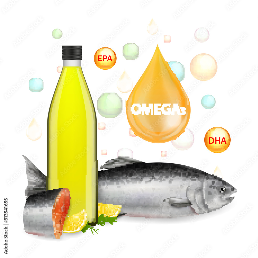 Nutrition omega 3 fish oil, vector realistic illustration Stock Vector ...