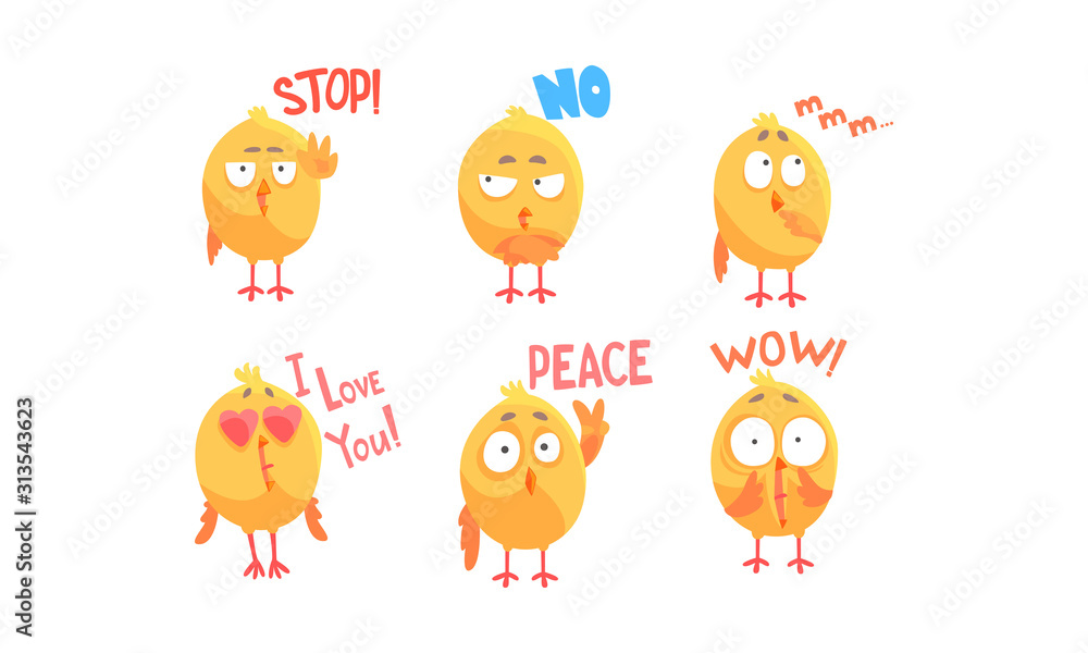 Funny Chicken Character with Phrases Vector Set. Cartoon Chick with ...