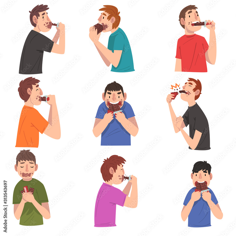 Guys Eating Chocolate Set, Sweet Tooth Men Cartoon Characters Greedily ...