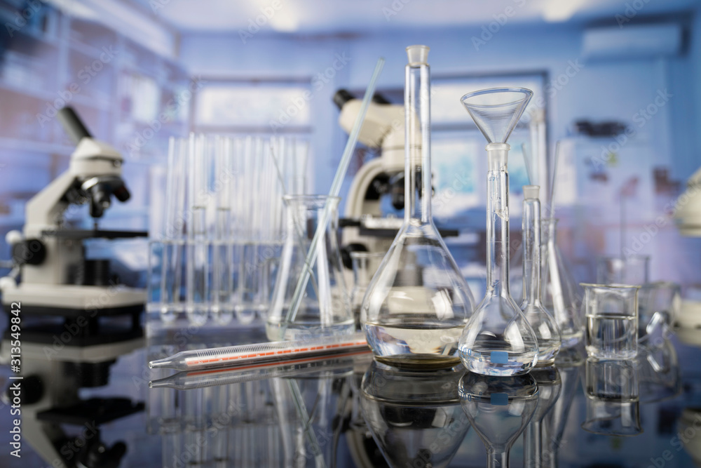 Modern scientific laboratory interior. Laboratory glassware and ...
