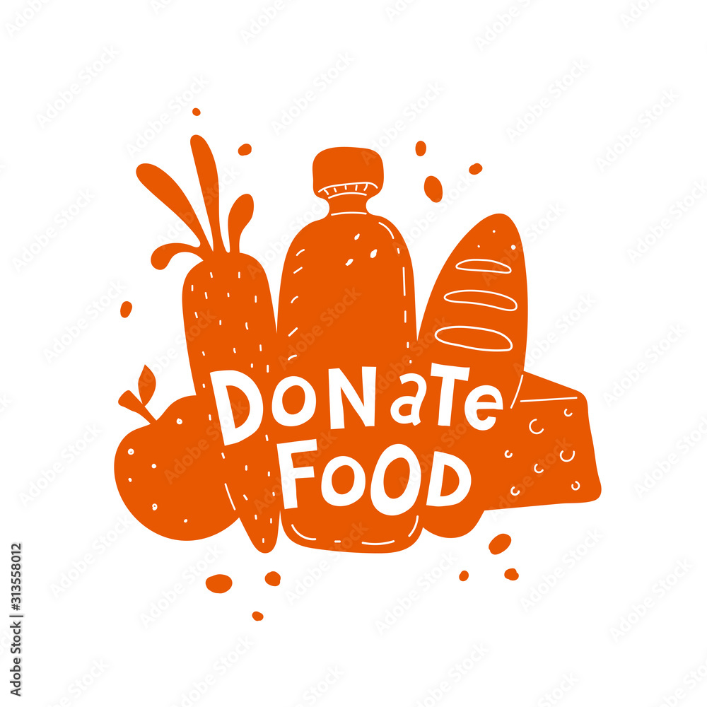 donate food. Cartoon silhouette of food with hand drawing lettering ...