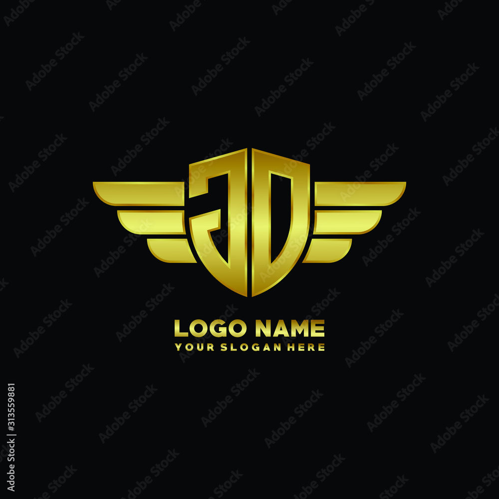 initial letter JD shield logo with wing vector illustration, gold color ...