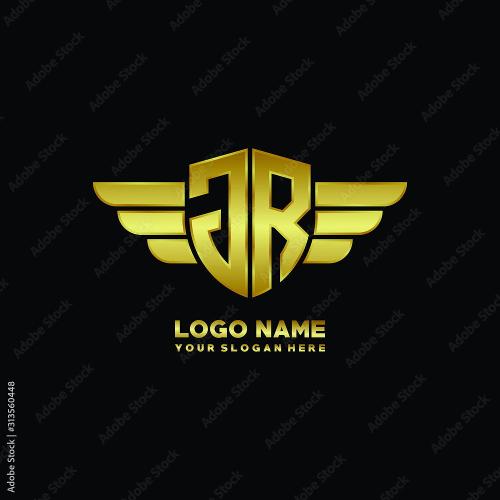 initial letter JR shield logo with wing vector illustration, gold color ...