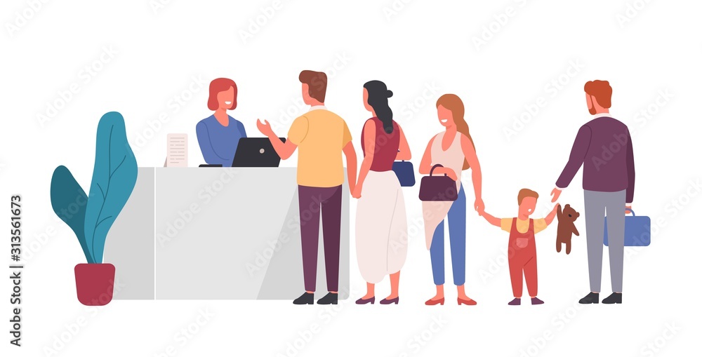 Queue at reception flat vector illustration. People waiting in line at ...