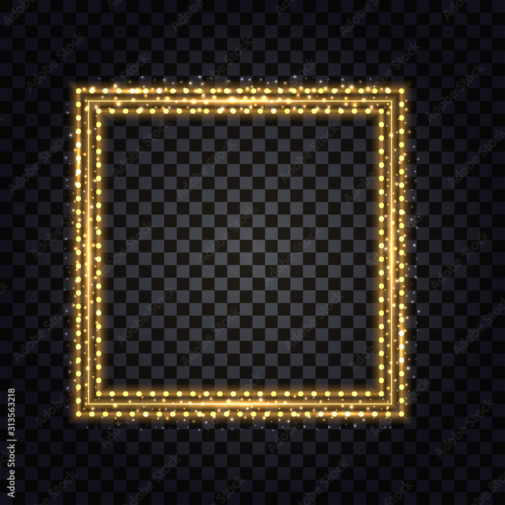 Gold square frame with glowing glitter effect. Isolated design element ...