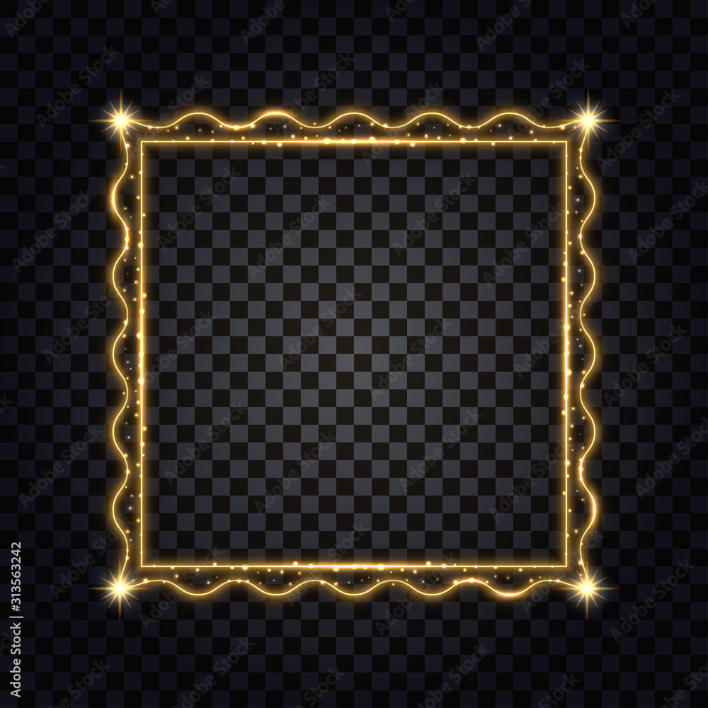 Gold square frame with glowing glitter effect. Isolated design element ...