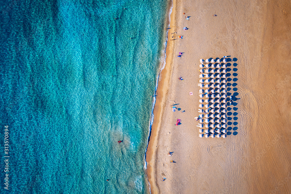 Aerial shot of beautiful turquoise beach Falasarna (Falassarna) in ...