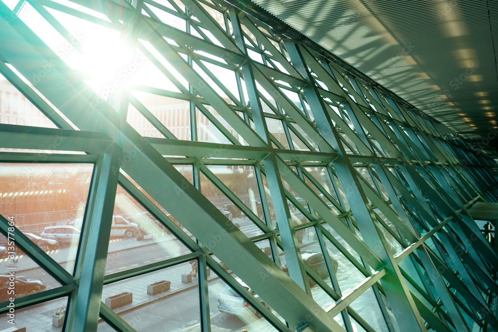 sloping metal structure of the public building facade from the inside ...