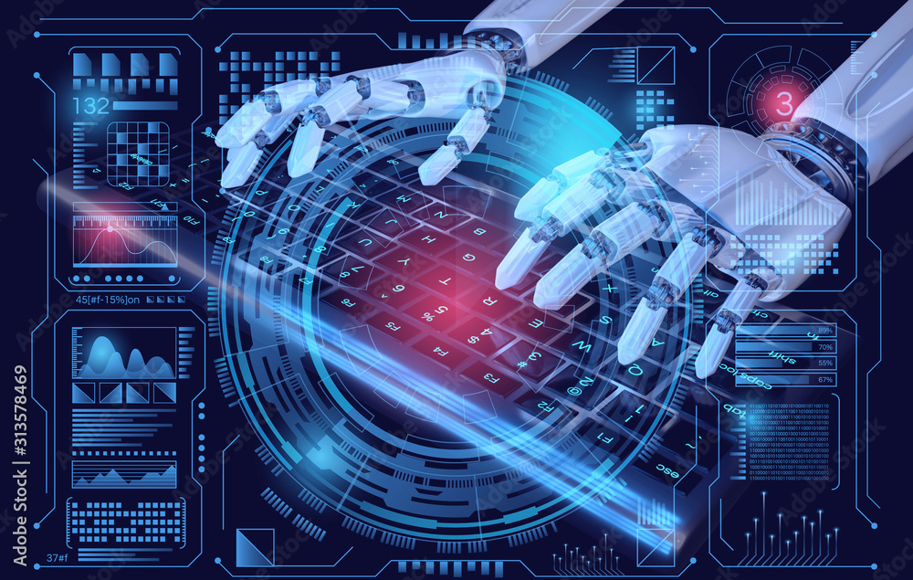 Robot hands typing on keyboard, keypad. Robotic arm cyborg using ...
