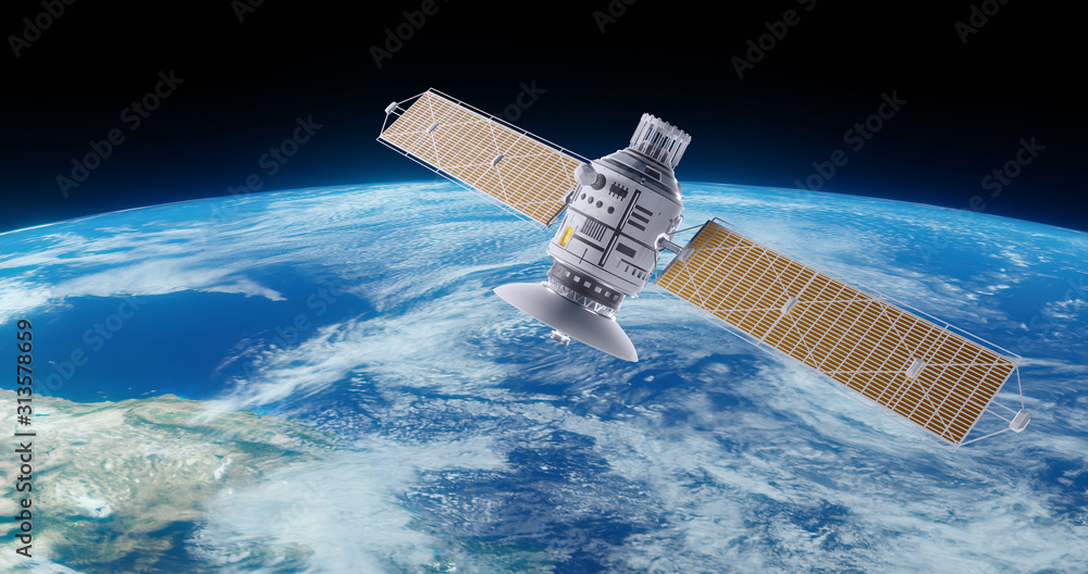 Realistic satellite in orbit around Earth globe. 3d render orbital ...
