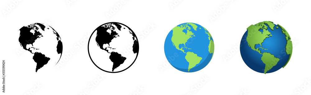 Earth Globe in different designs. World Map in circle. Earth Globes ...