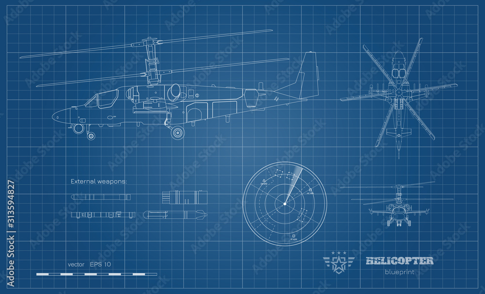 Outline blueprint of military helicopter. Side, top and front views of ...