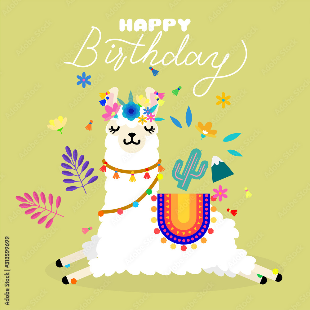 Cute llama alpaca with colorful spring flowers. Llama character ...
