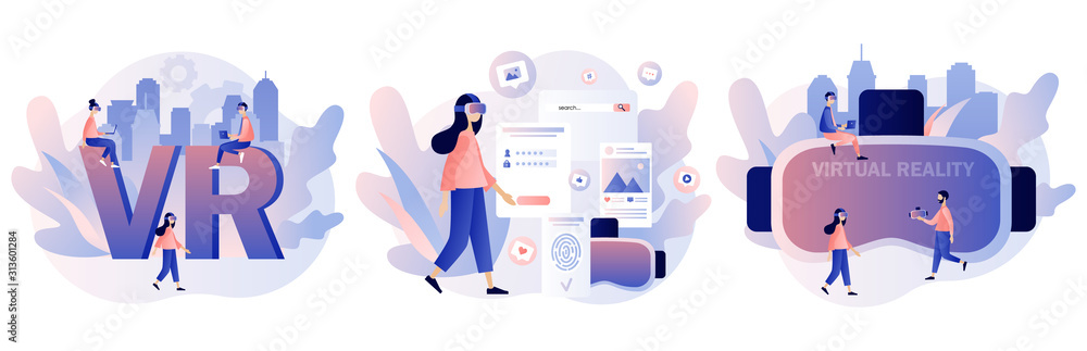 Virtual reality concept. Tiny people using virtual reality glasses. VR ...