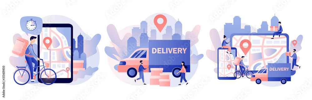 Online delivery service concept. Order tracking. Tiny people are ...