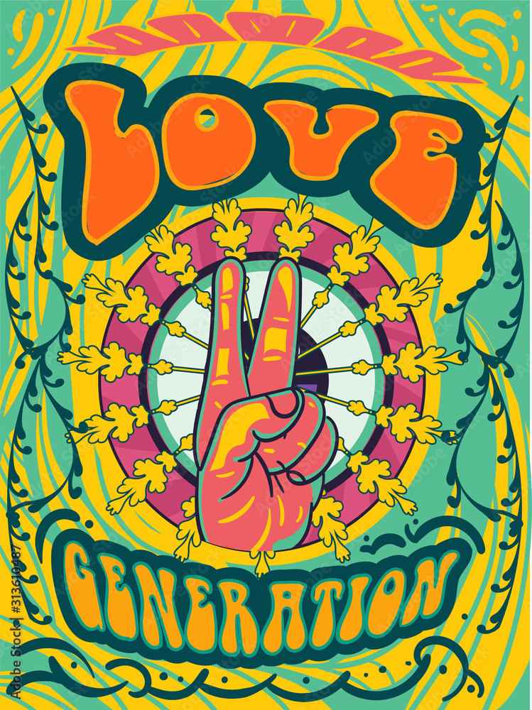 Bright psychedelic Love Generation cover design with hand giving the ...
