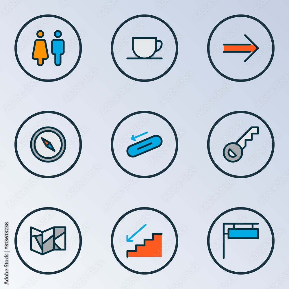 Direction icons colored line set with arrow sign, escalator, toilet and ...