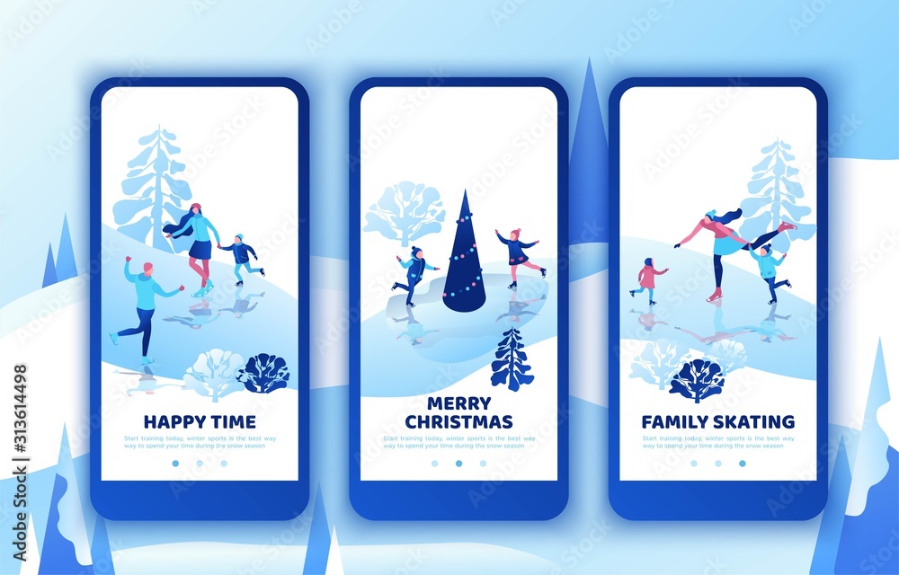 Ice skating simple family, mobile app template set, vertical layout ...