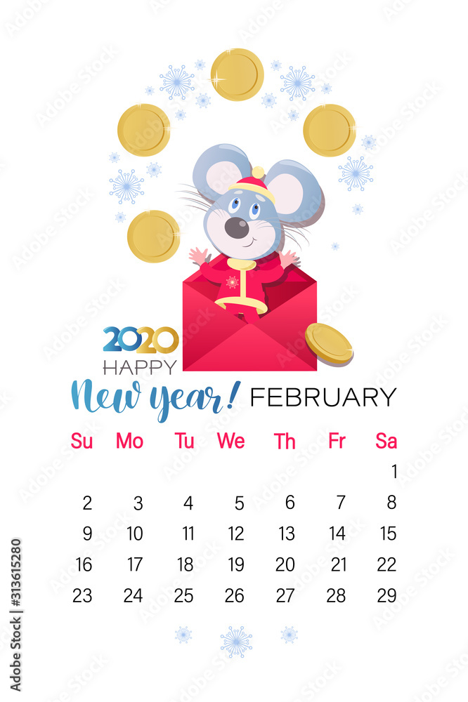 February calendar. Page design 2020. Mouse in a red envelope juggles ...