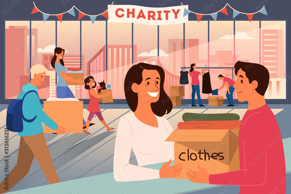 Poster Charity concept. People donate stuff to help poor people ...