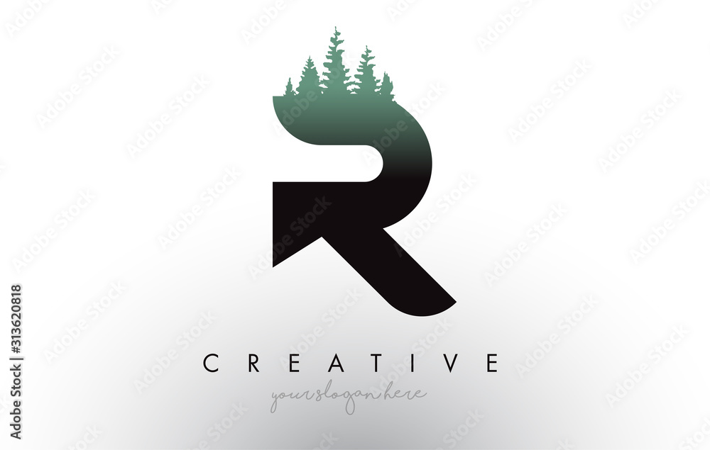Creative R Letter Logo Idea With Pine Forest Trees. Letter R Design ...
