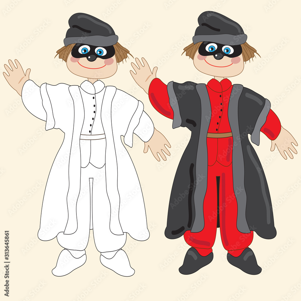 coloring page for children with masks of the Italian commedia dell'arte ...