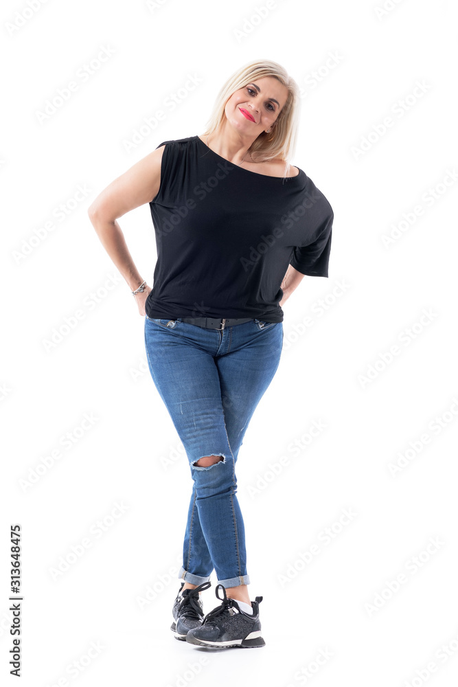 Happy vital modern middle aged blond hair woman posing in casual ...