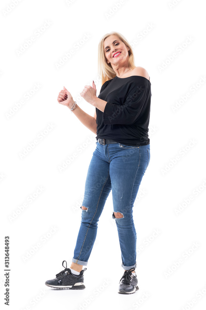 Happy healthy middle aged blond attractive woman in casual clothes ...