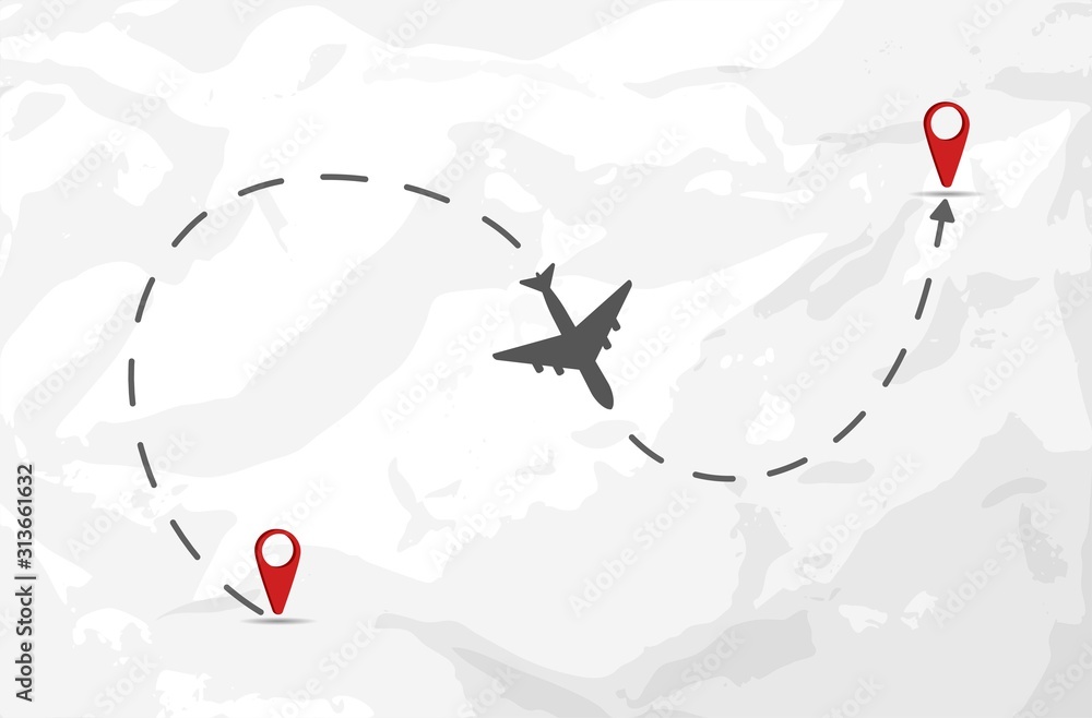 Airplane with traffic line and dotted route line. Plane flights ...