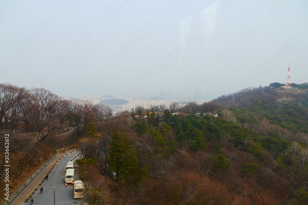 tourist busses waiting near Namsan Television Tower, Seoul South Korea ...