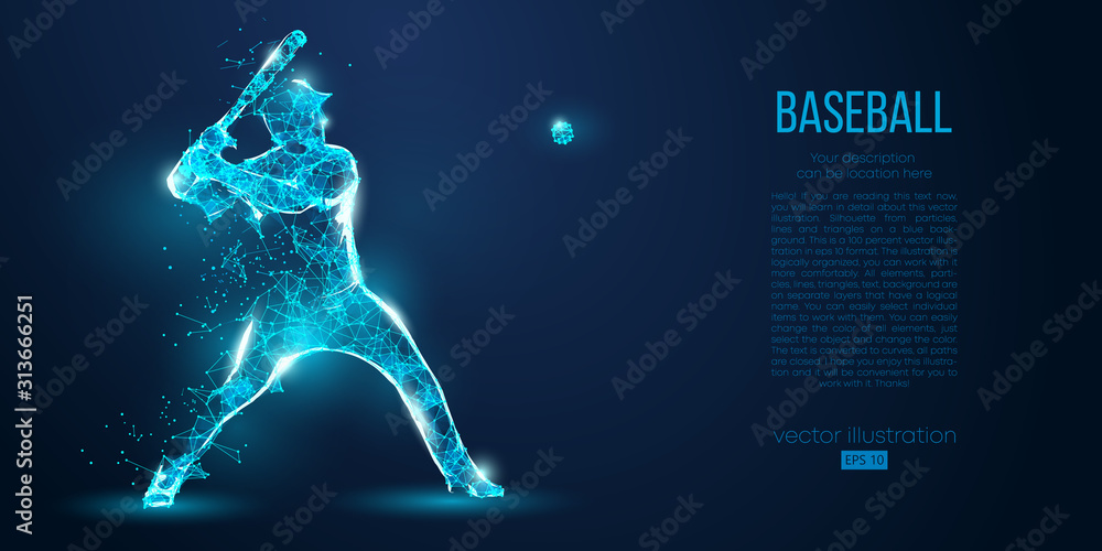 Abstract baseball player from particles, lines and triangles on blue ...