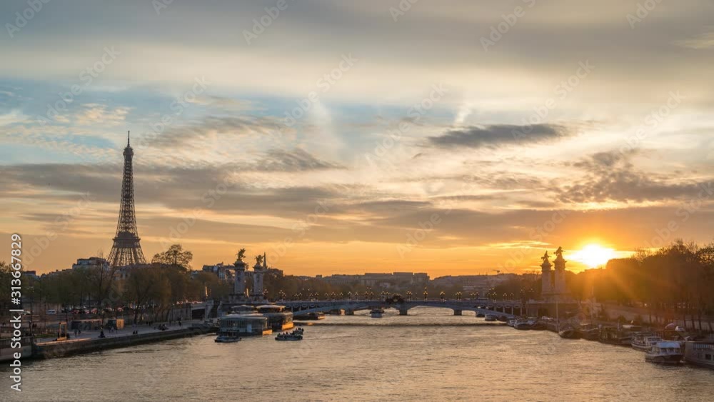 Paris France time lapse 4K, city skyline sunset timelapse at Seine ...
